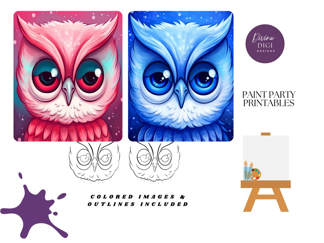 Pink & Blue Owl Paint Party Printable: DIY Canvas Art (digital Download ...