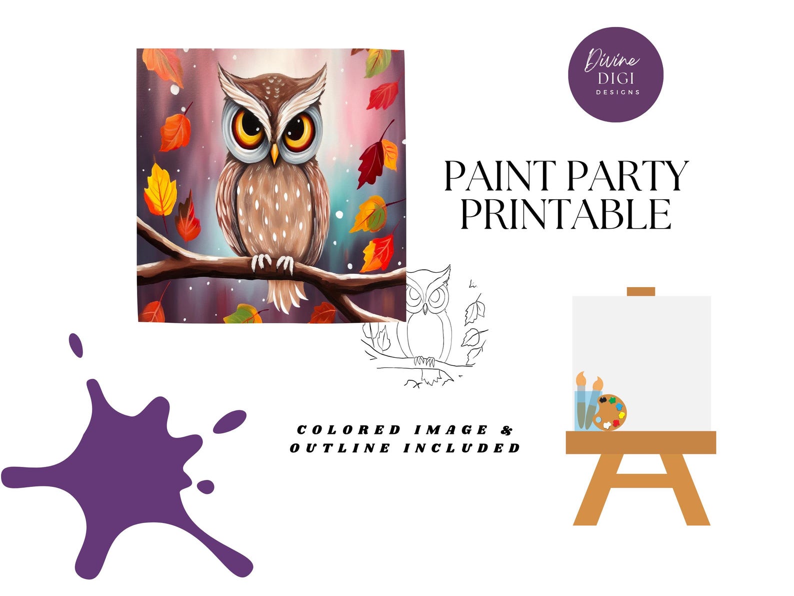 Autumn Owl Paint Party Printable: DIY Coloring Page (digital Download ...