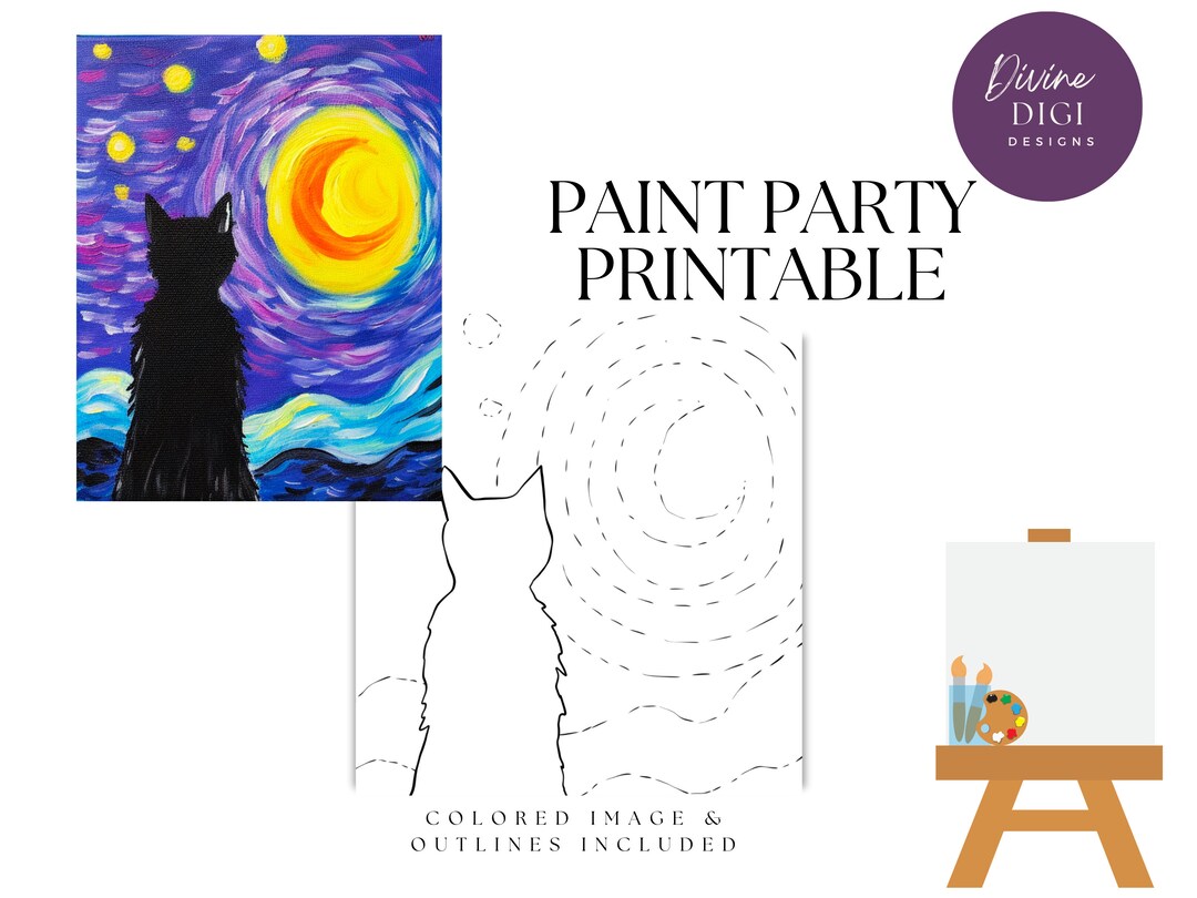 Starry Night and Black Cat, DIY Paint Party, Printable, Transfer to ...
