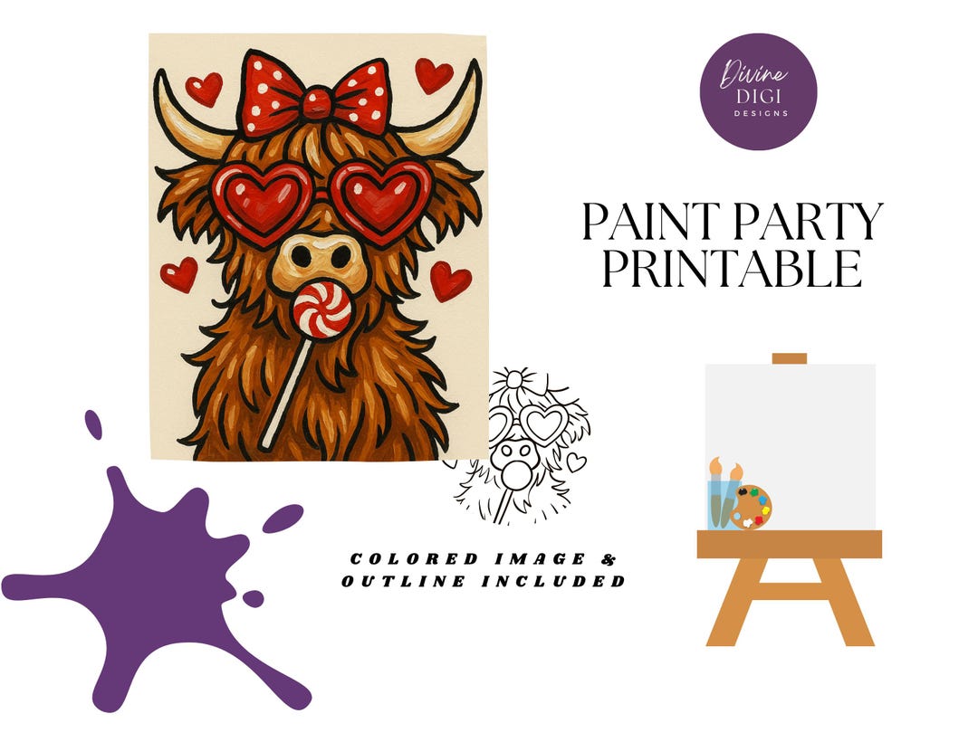 Valentine's Highland Cow Paint Party Printable| Galentine's Day| DIY ...