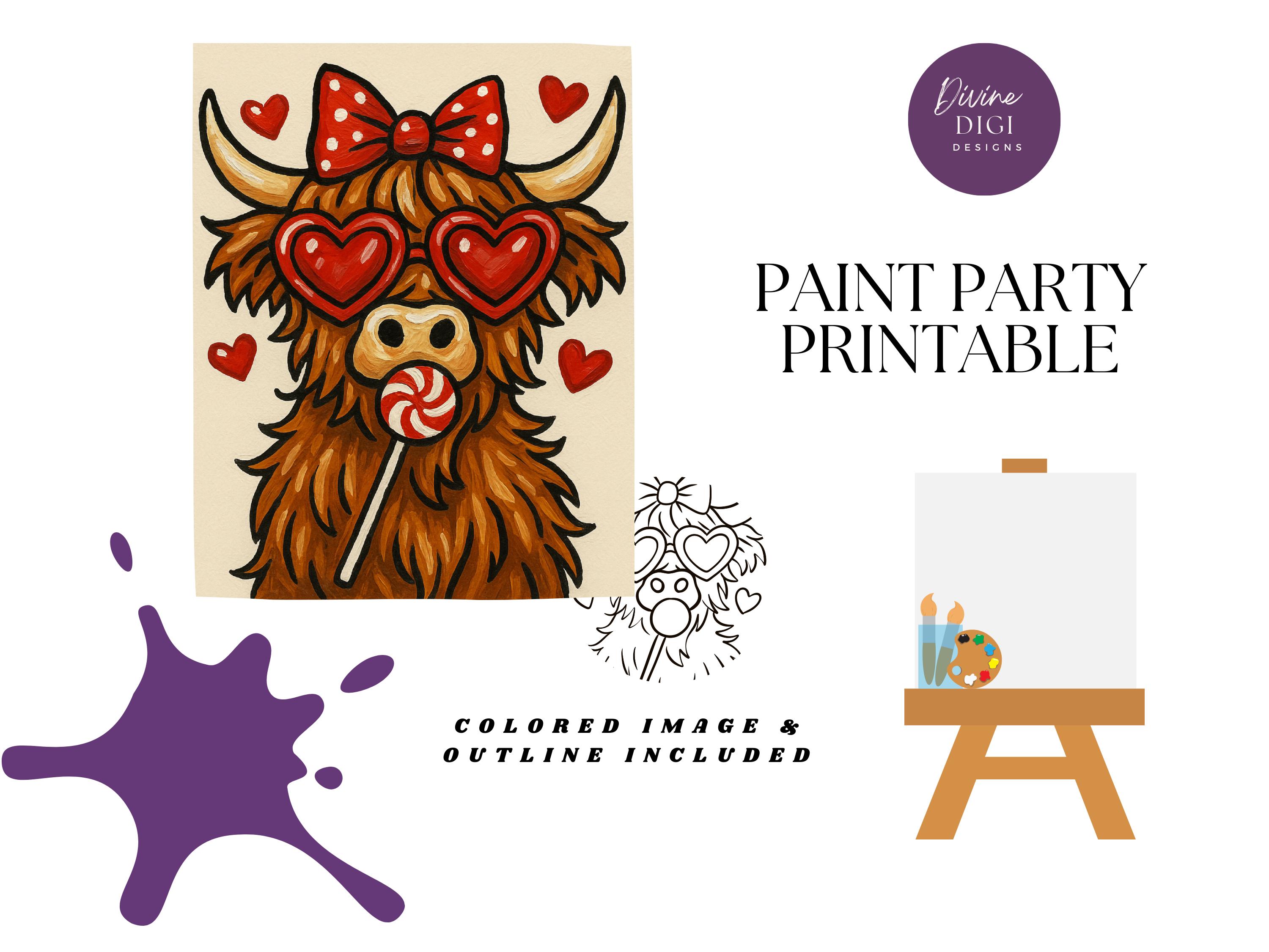 Valentine's Highland Cow Paint Party Printable| Galentine's Day| DIY ...