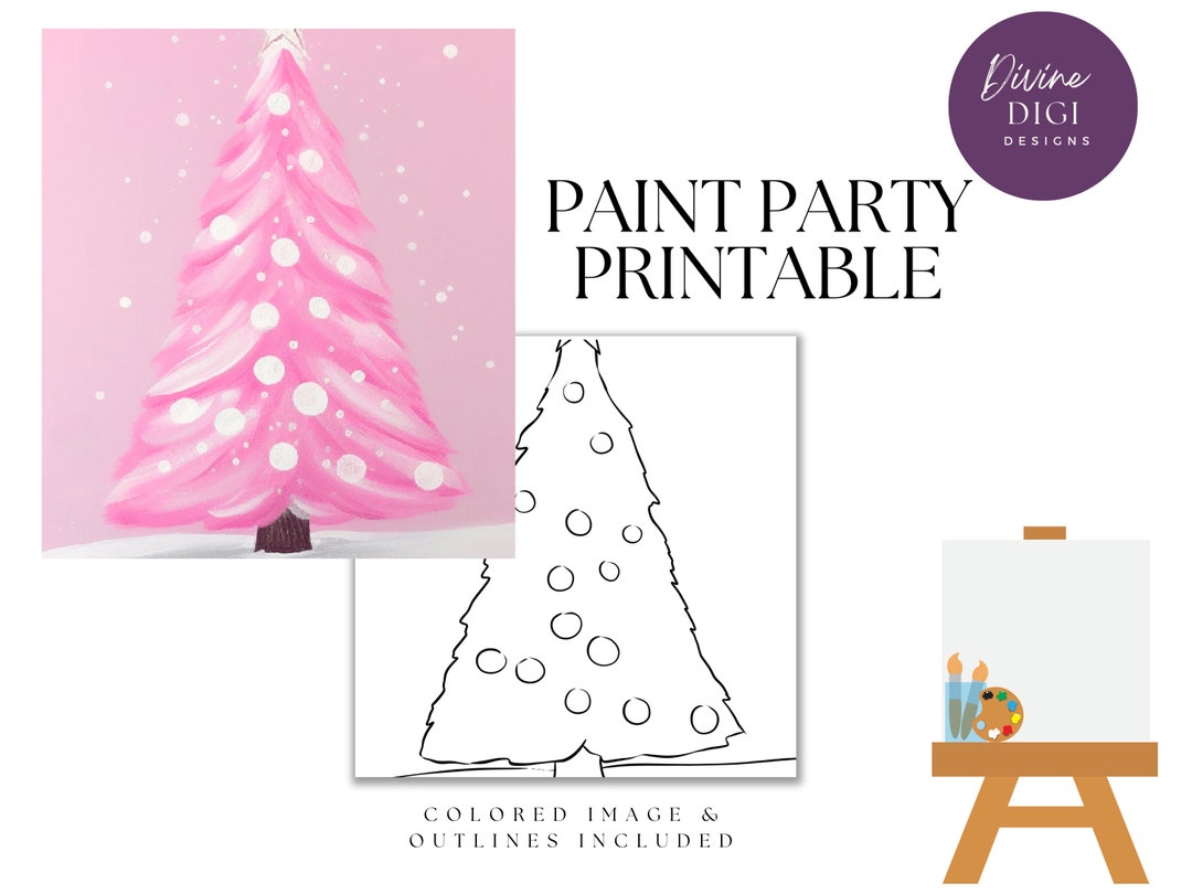 DIY Paint Party Printable, Pre-drawn Pink Christmas Tree Canvas Diy ...