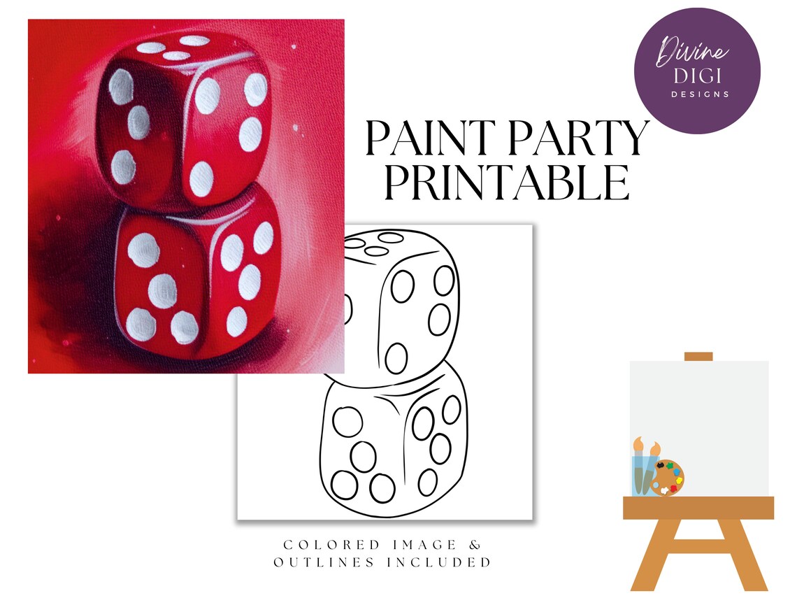 DIY Paint Party Printable, Pre-drawn Red Dice Canvas, Instant Download ...