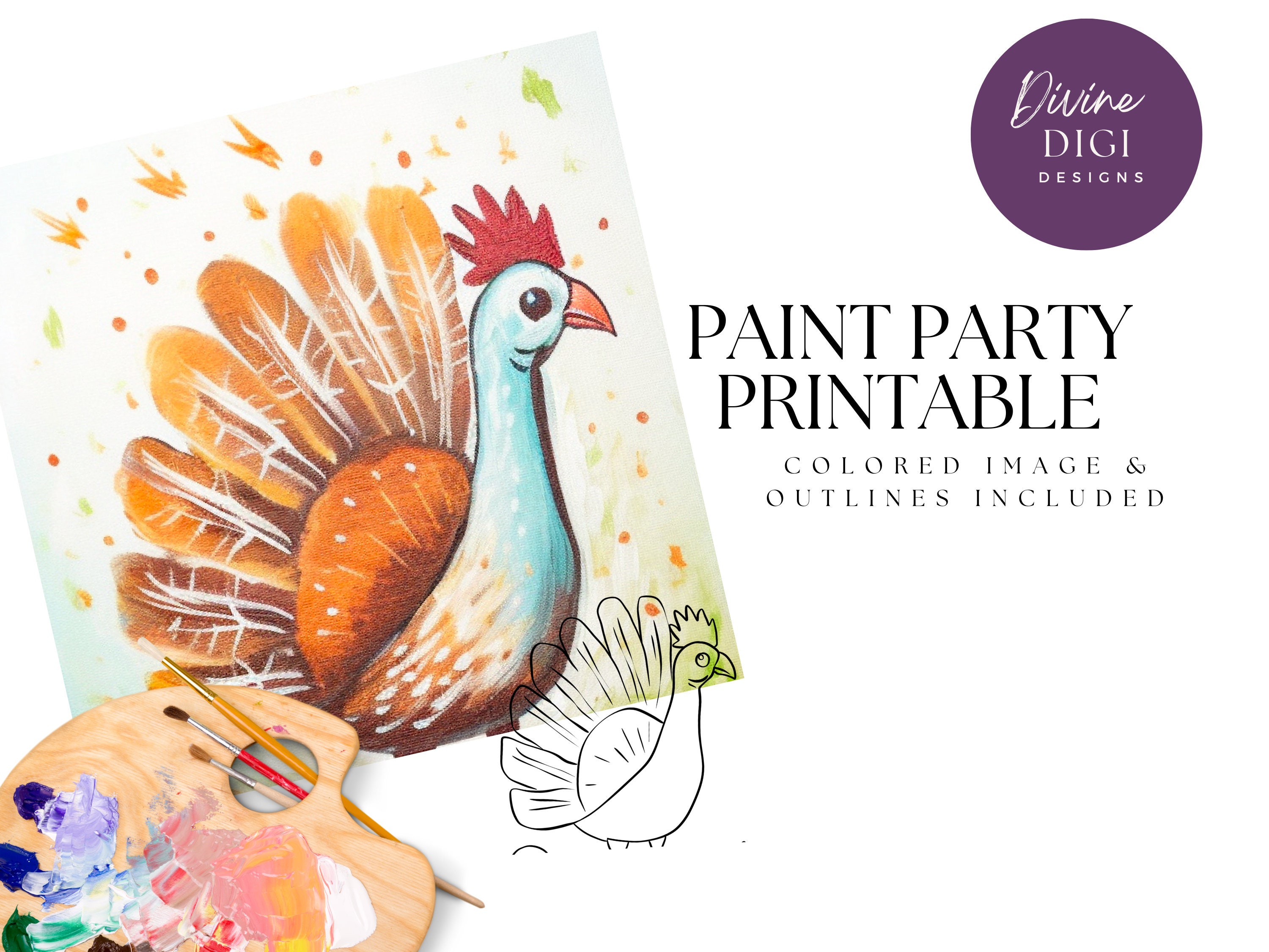 DIY Paint Party Printable Pre-drawn Cute Turkey Canvas Diy - Etsy