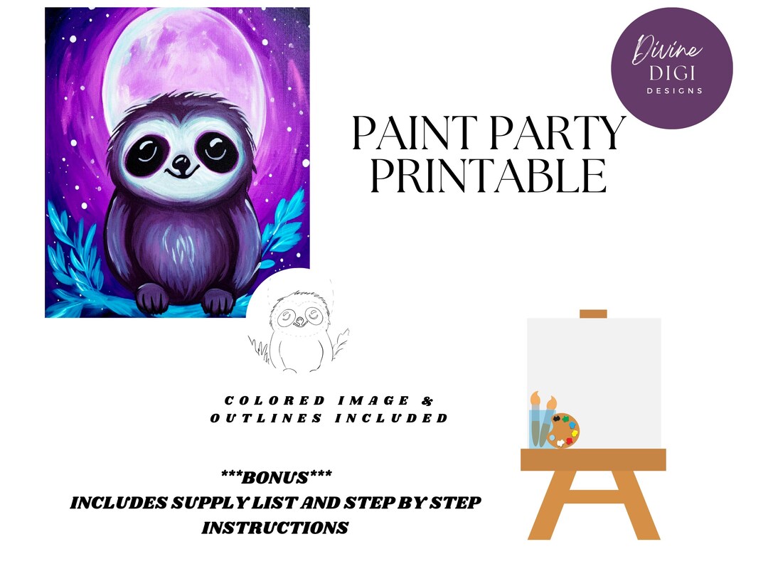 Moonlit Sloth Paint Party Printable: DIY Canvas Art (PNG Digital ...