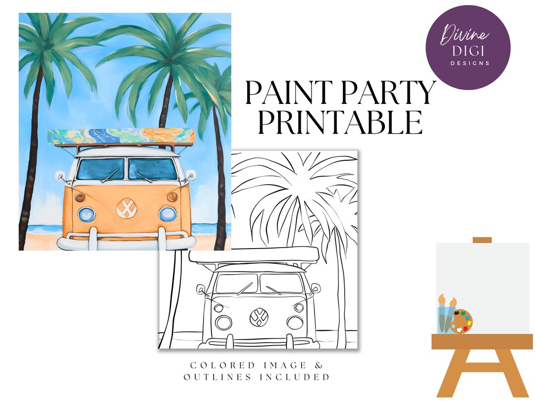 Summer Van Paint Party Printable: Pre-drawn Canvas Art (PNG Digital ...