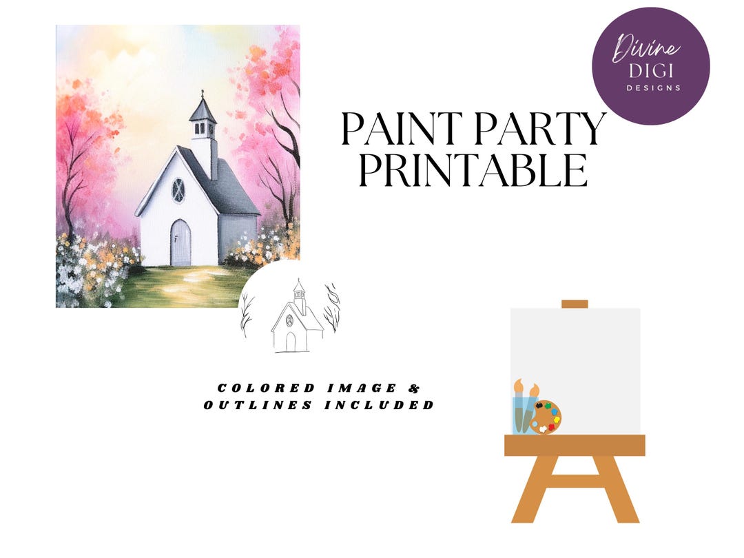 DIY Paint Party Printable, Pre-drawn White Church With Steeple Canvas ...