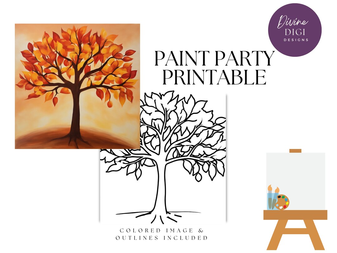 Fall Tree, Paint Party Template, Coloring Page, DIY Party Activity ...