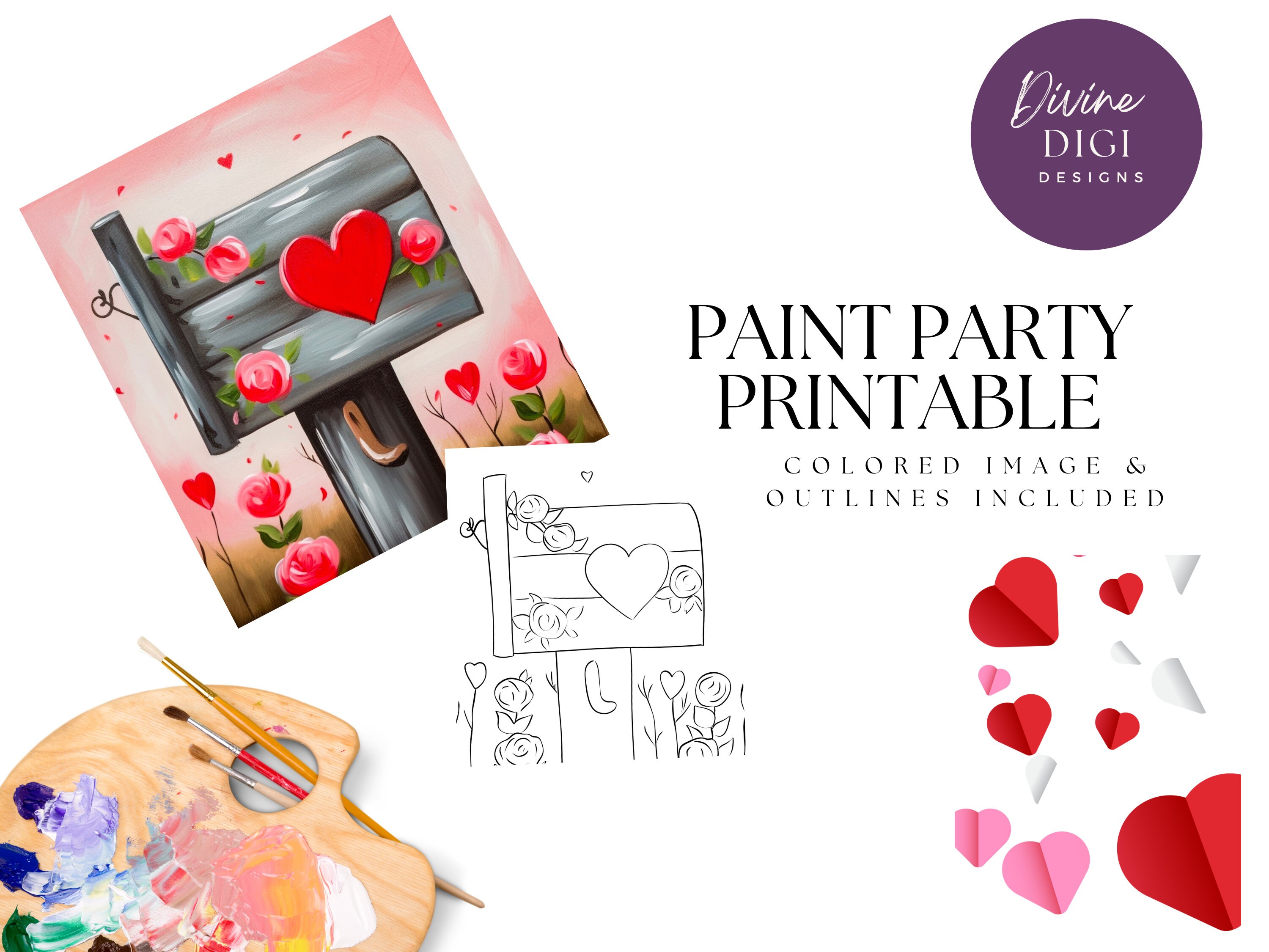 DIY Paint Party Printable, Pre-drawn Cute Love Mail, Instant Download ...