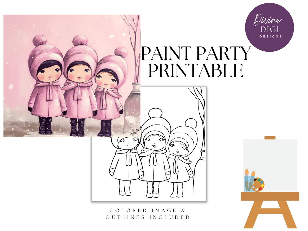 DIY Paint Party Printable, Pre-drawn Cute Girls in Pink Canvas Diy ...