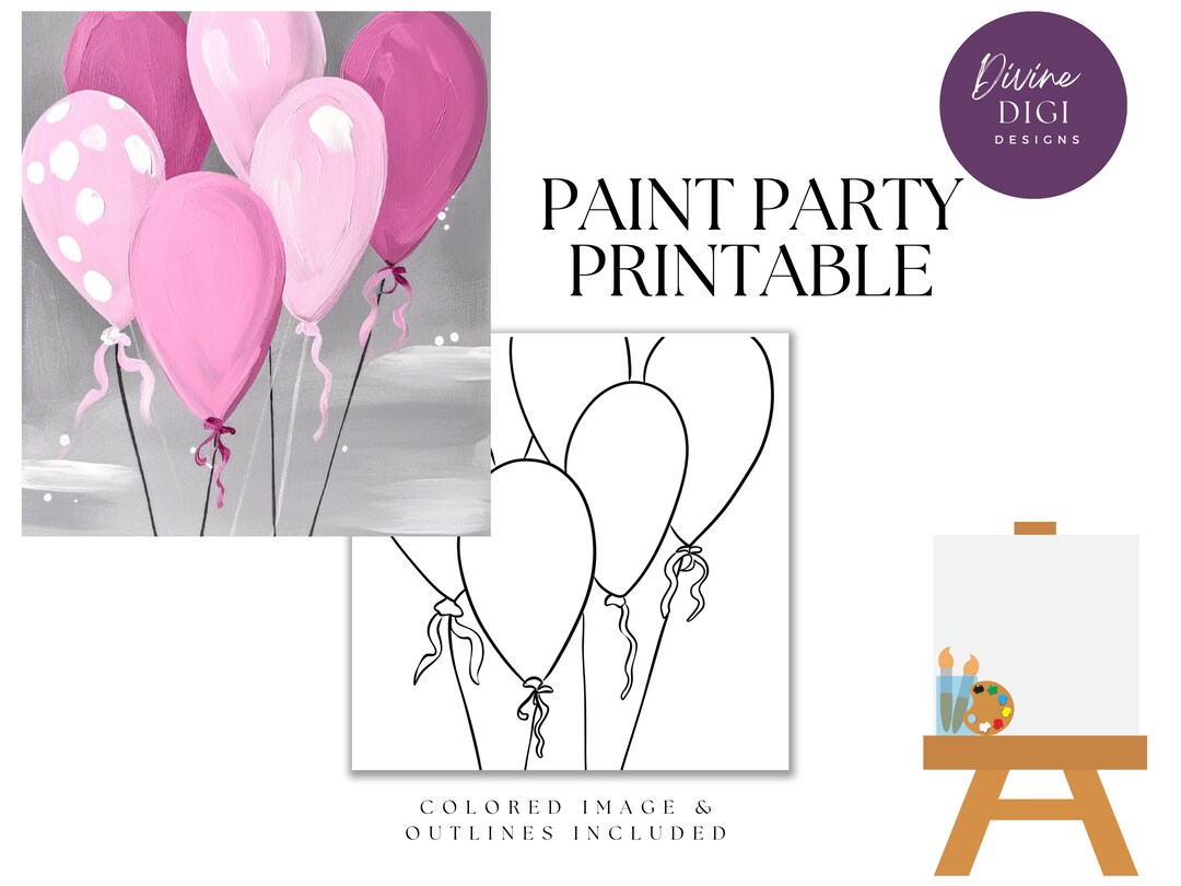 Pink Balloons Paint Party Printable: Pre Drawn Canvas (PNG Digital ...