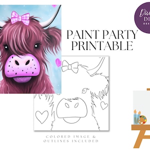 Highland Cow Paint Party Printable, Pre-drawn Canvas (PNG Digital ...