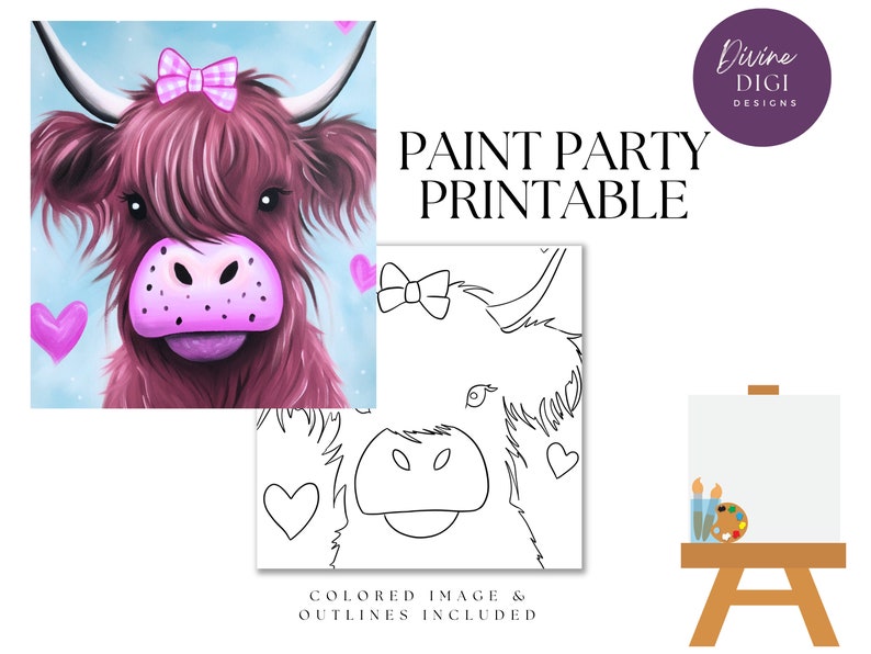 Highland Cow Paint Party Printable, Pre-drawn Canvas (PNG Digital ...