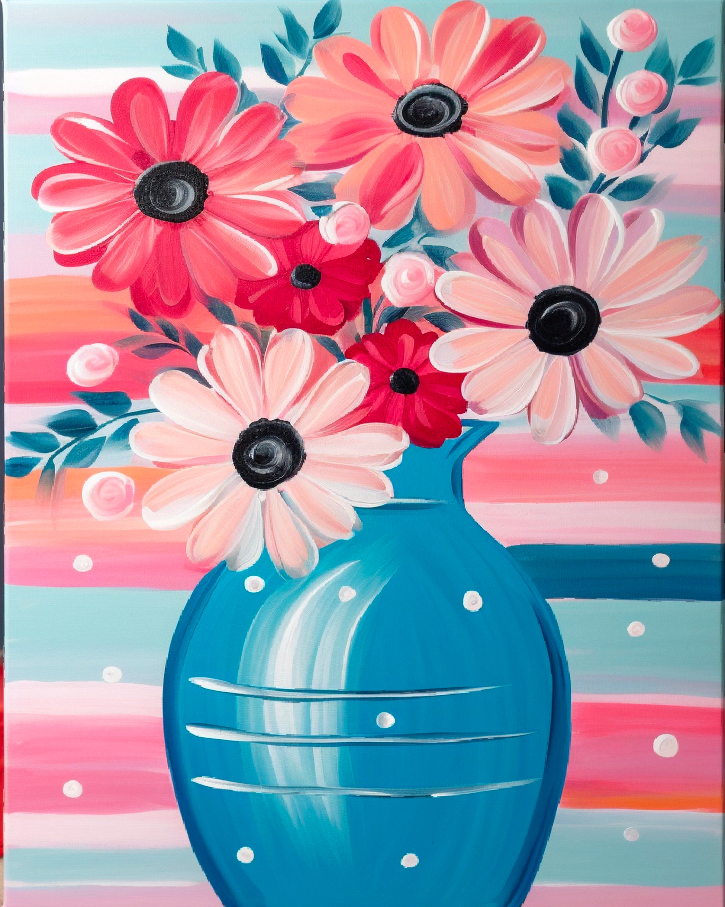 DIY Paint Party Printable, Pre-drawn Cute Pink Flowers Canvas Diy ...