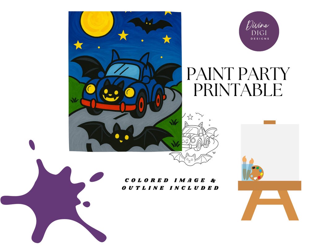 Halloween Bat Car Coloring Page: DIY Paint Party (printable Digital ...