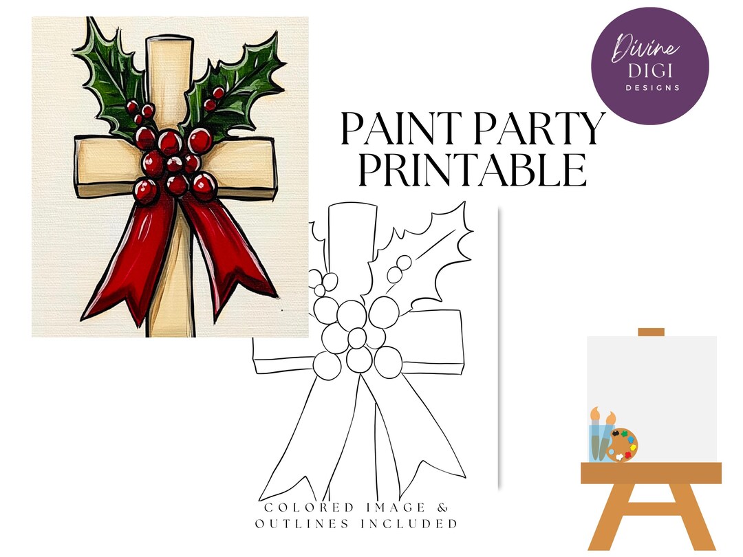 Christmas Cross Paint Party Printable: Holiday Canvas Art (digital ...