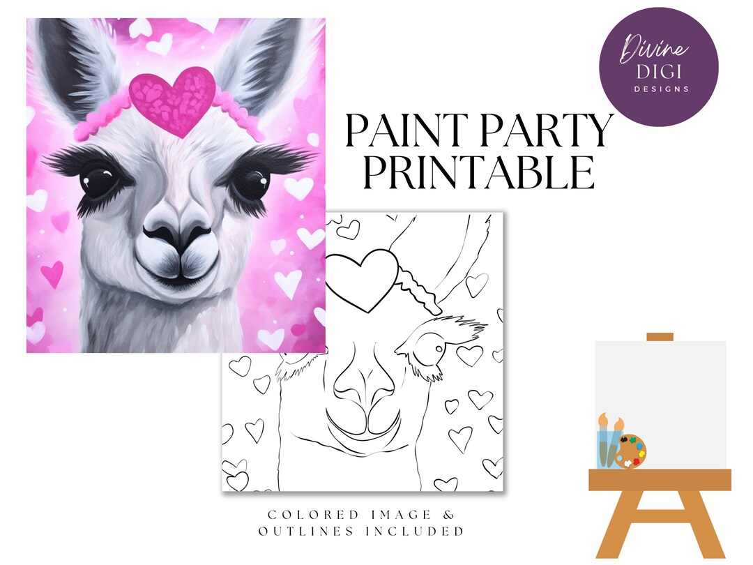 Llama Paint Party Printable, Pre-drawn Canvas Art (PNG Digital Download ...