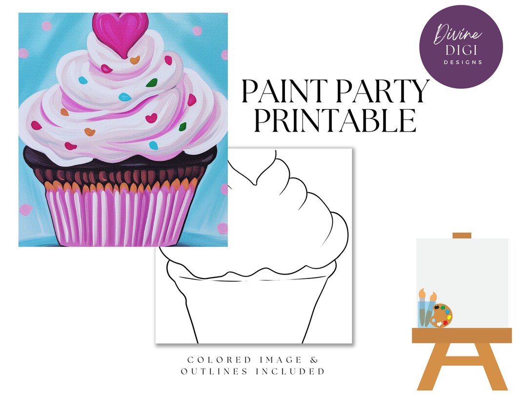 DIY Paint Party Printable, Pre-drawn Cute Cupcake Canvas , Instant ...