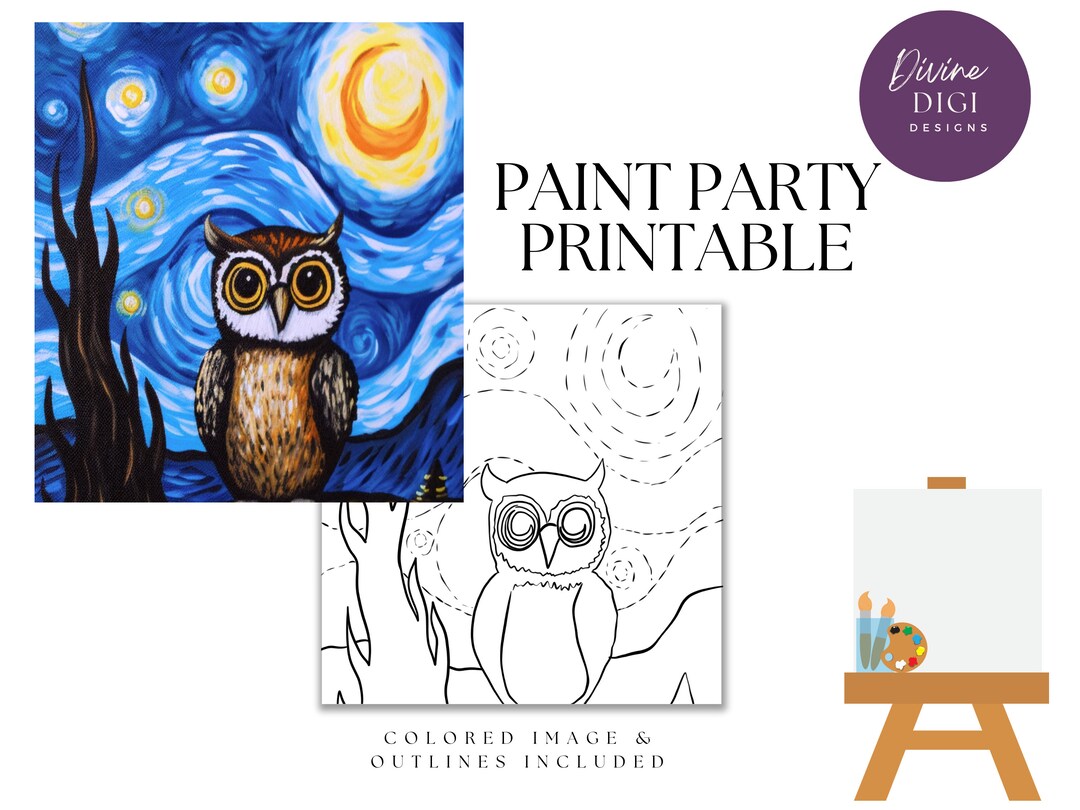 Owl Starry Night DIY Paint Party Printable, Pre Drawn Canvas, Instant ...