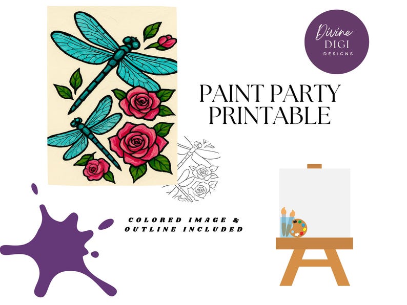Dragonflies and Roses Party Printable, Canvas, Paint Party, PNG Instant ...