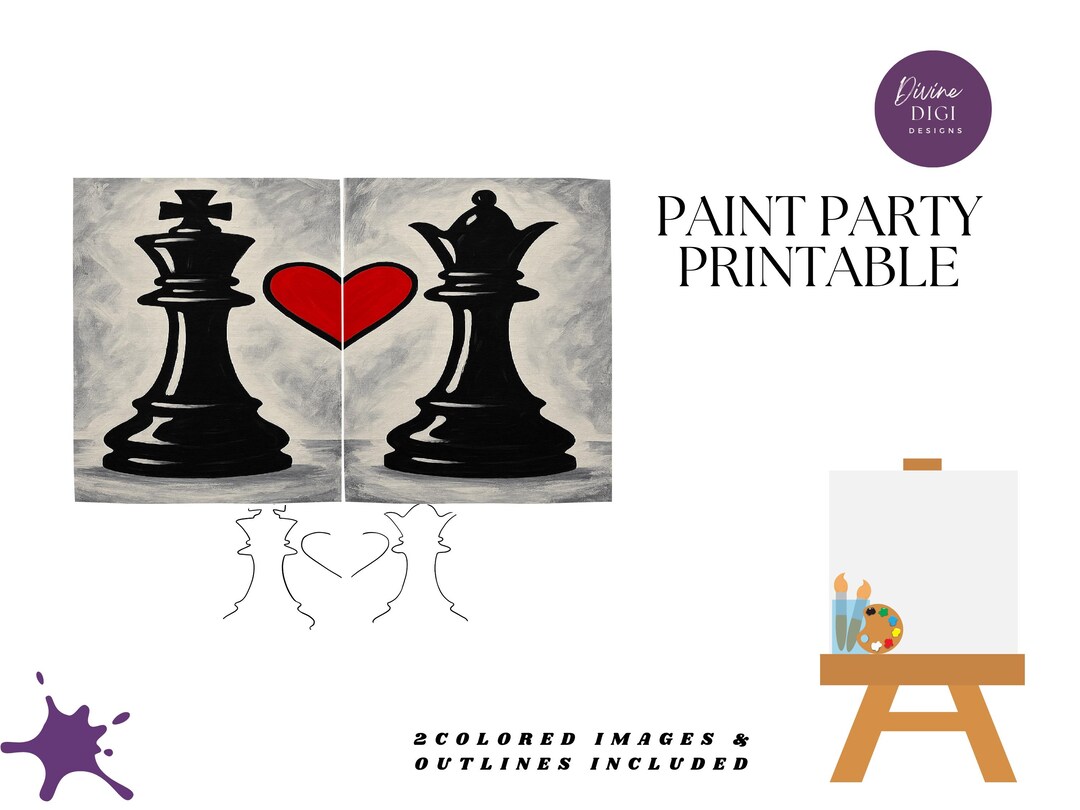 King and Queen Chess Paint Party Printable: Couple's Canvas Art (PNG ...