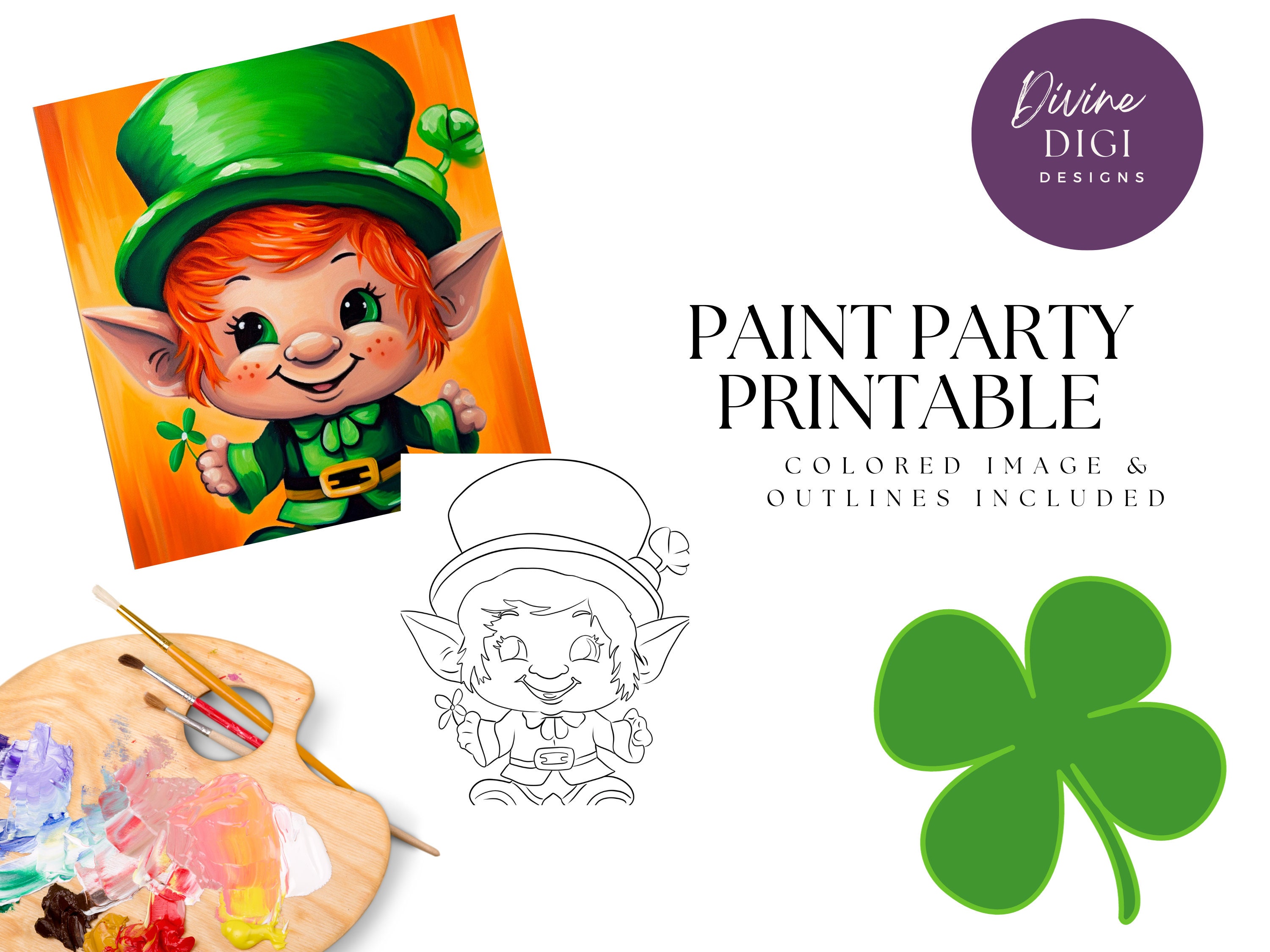 DIY Paint Party Printable, Pre-drawn Cute Leprechaun Canvas Diy ...