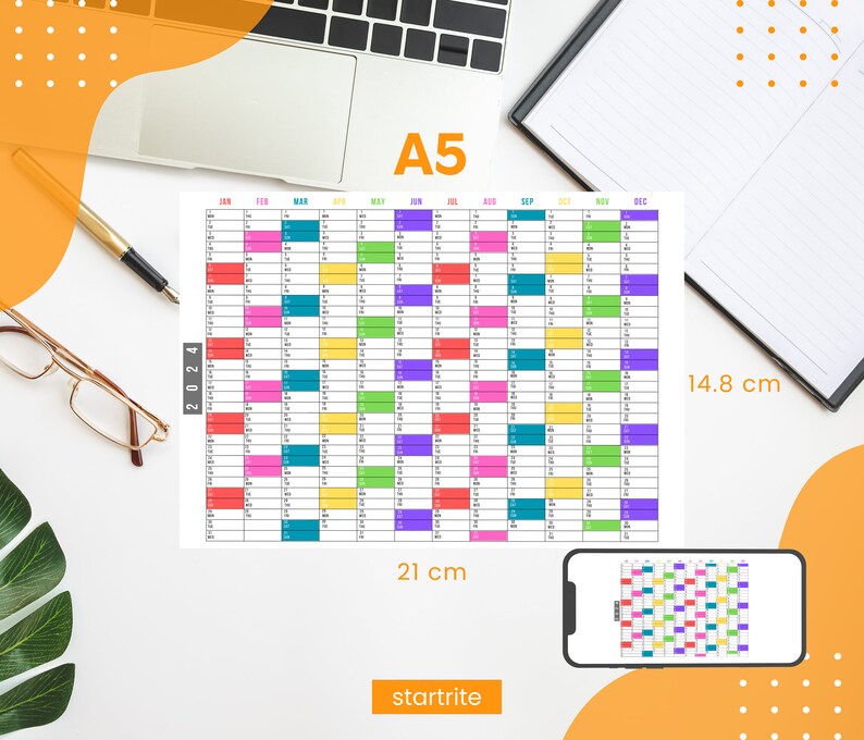 Printable 2024 Full Year Calendar, Retro Design, Colorful Design, A3 A4 ...