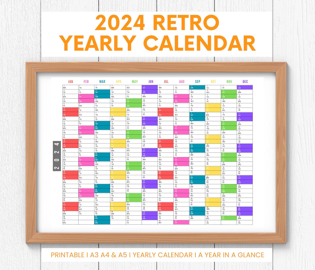 Printable 2024 Full Year Calendar, Retro Design, Colorful Design, A3 A4 ...