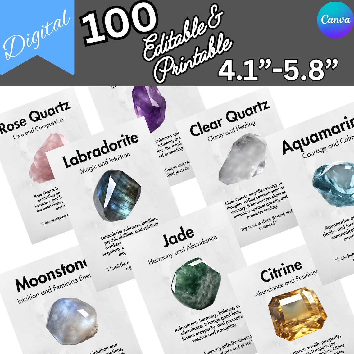 100 Crystal Meaning Cards Digital Editable and Printable Gemstone Cards ...