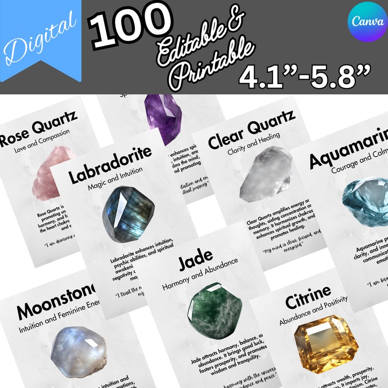 100 Crystal Meaning Cards Digital Editable and Printable Gemstone Cards ...