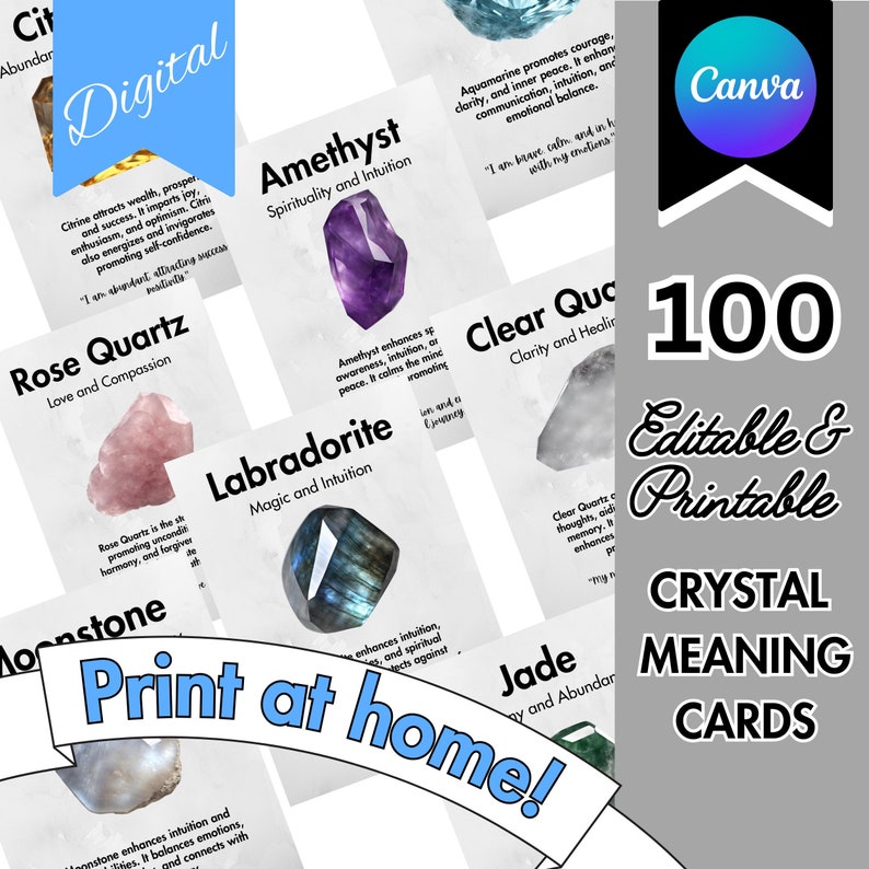 100 Crystal Meaning Cards Digital Editable and Printable Gemstone Cards ...