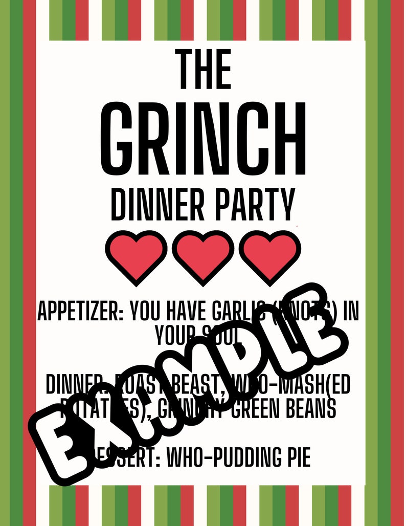 Grinch - Dinner Party Printable (menu With Appetizer, Dinner & Dessert ...