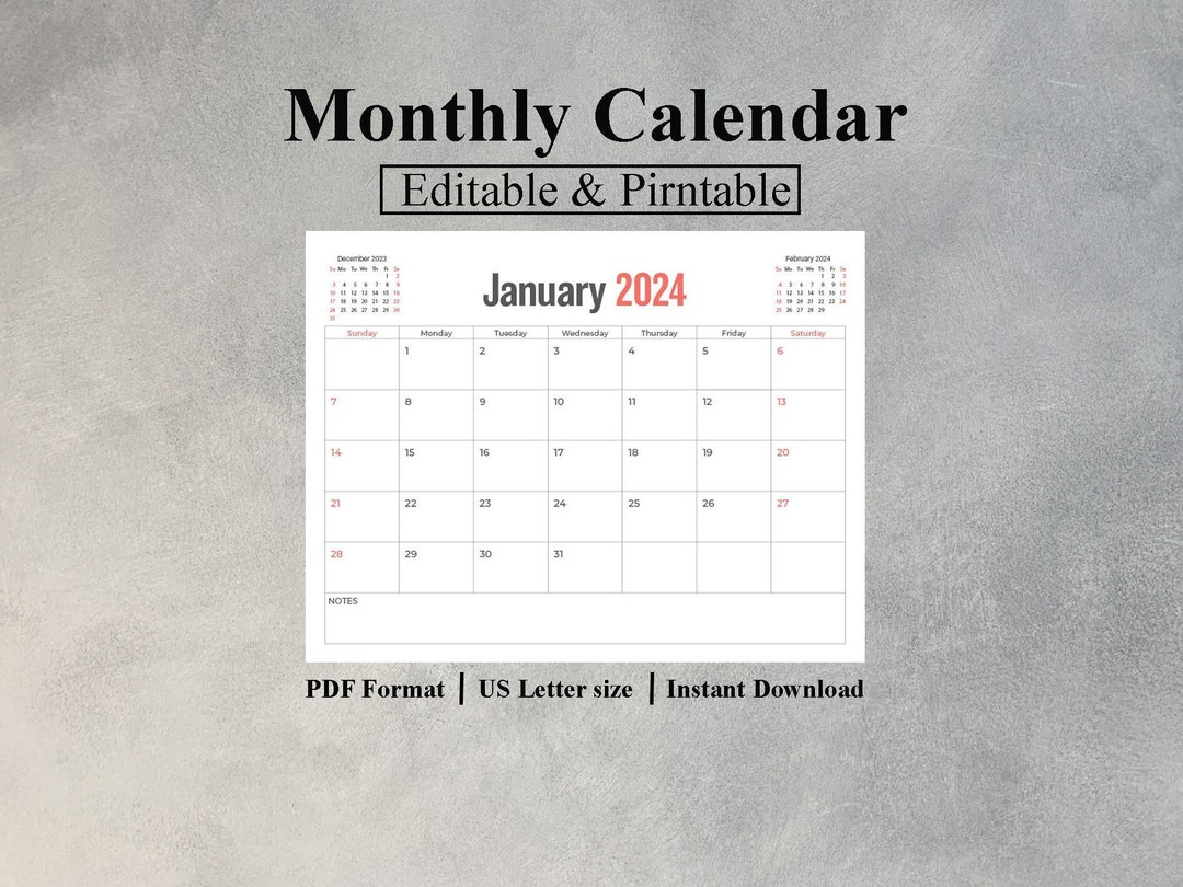 Editable Calendar 2024, Printable Calendar 2024, Digital Calendar ...