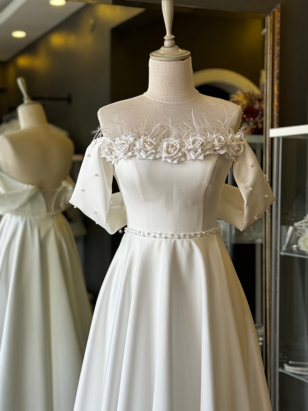 Lenta Wedding White Three-dimensional Rose and Feather Detailed Satin ...