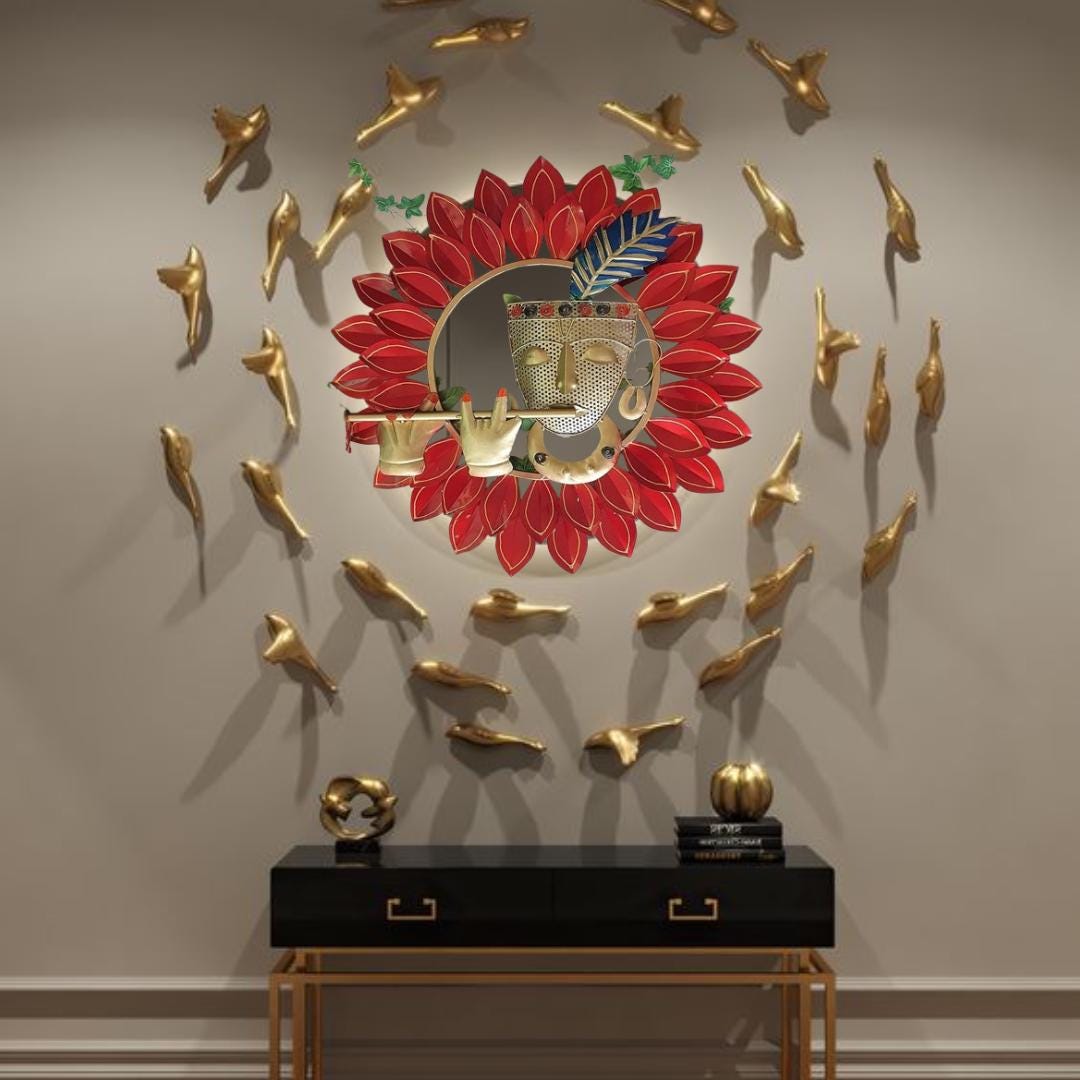 Krishna JI Flower Border Holding Flute Circular Handmade Decorative ...
