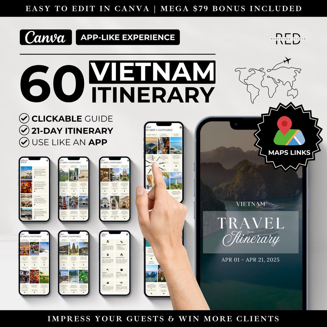 21-DAY VIETNAM TRAVEL Itinerary, 60 Digital Travel Itinerary Canva ...