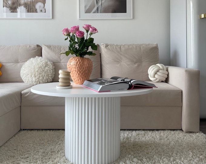 Oval Coffee Table White Coffee Table Fluted Coffee Table Ribbed Base ...