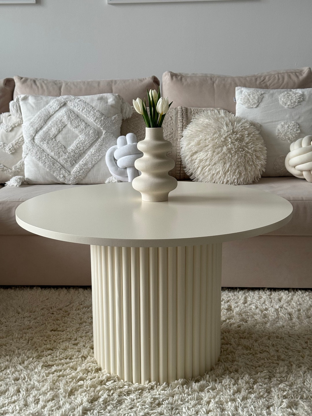 Round Fluted Table, Wooden Fluted Table, Creamy White Coffee Table - Etsy