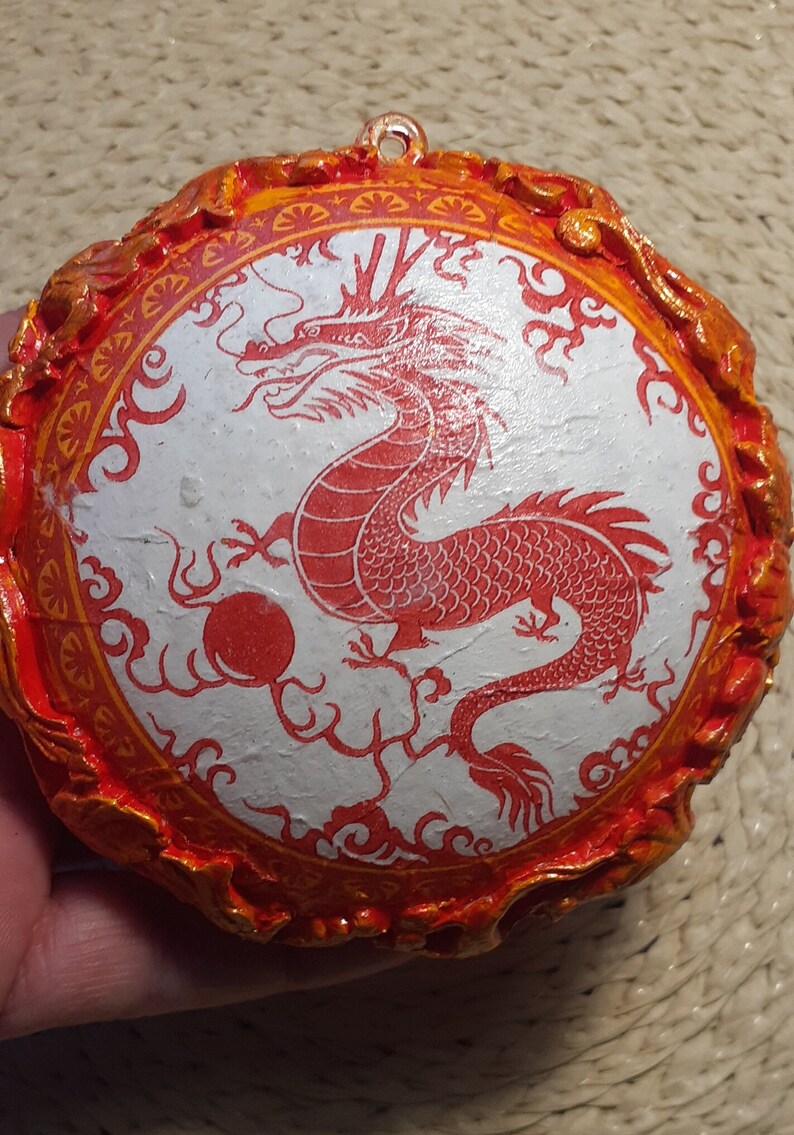 Hand Crafted Item Dragon in Red and Gold Dragon Decoupage an Original ...