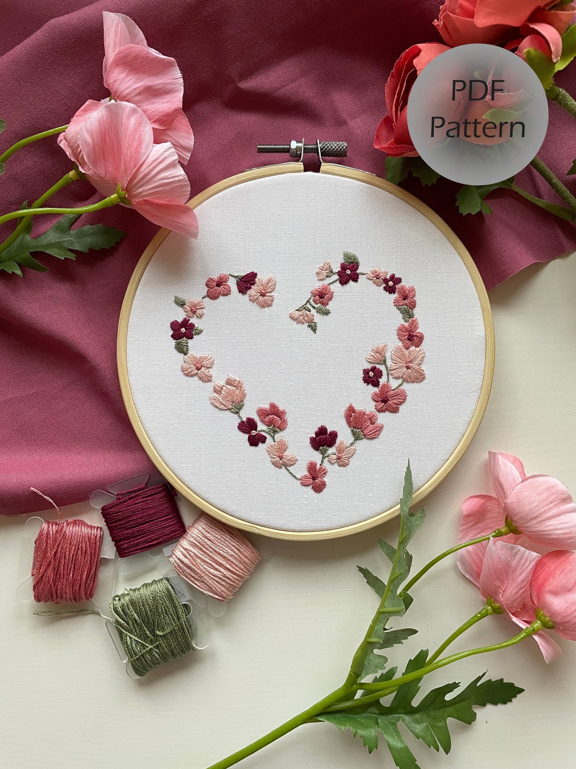 Floral Heart Embroidery Pattern, Valentines Embroidery Pattern, Digital ...