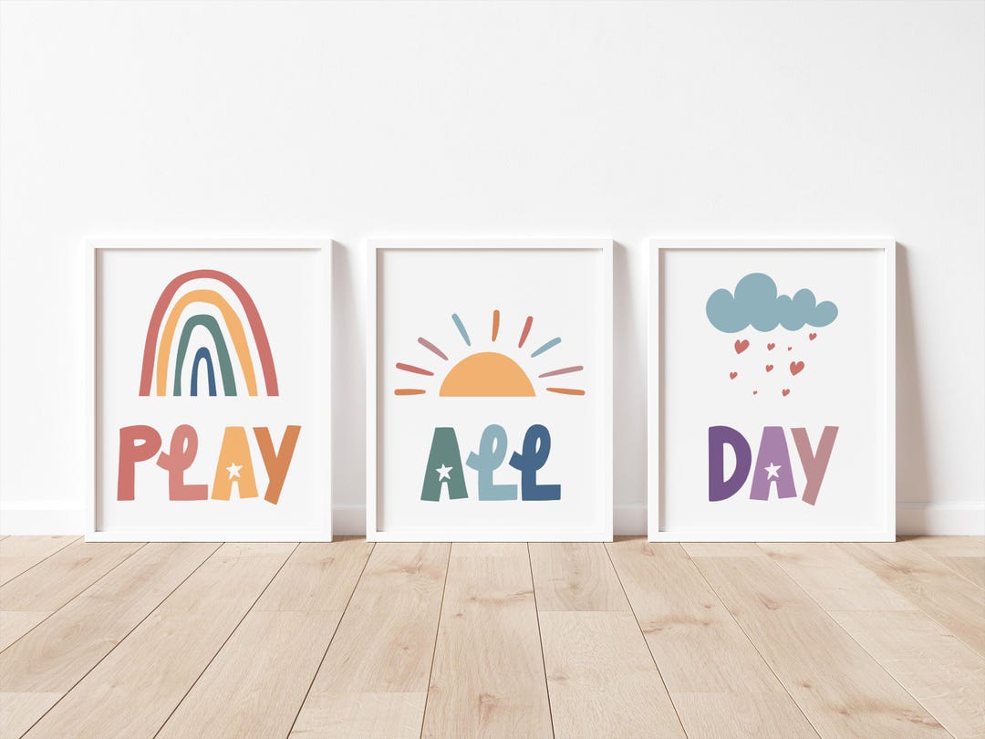 Playroom Posters, Set of 3 Kids Prints, Play All Day, Boho Nursery Wall ...