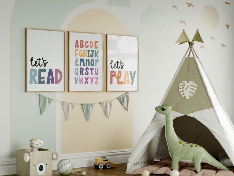 Set of 3 Playroom Printable Wall Art, Let's Read, Let's Play, ABC ...