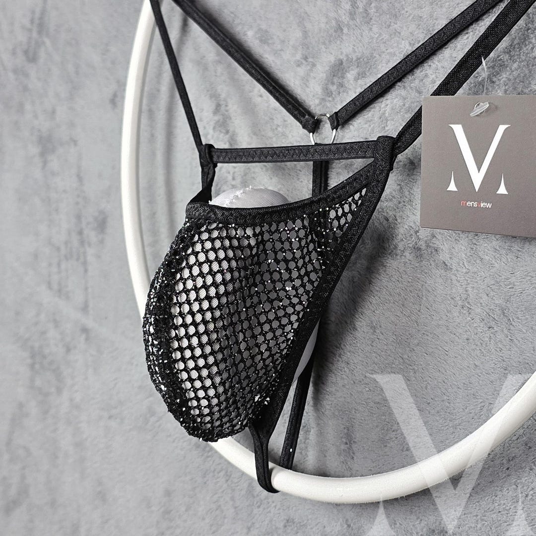 Eter Mesh Black Glitter Open Weenie Bag Mens String Handmade Men ...