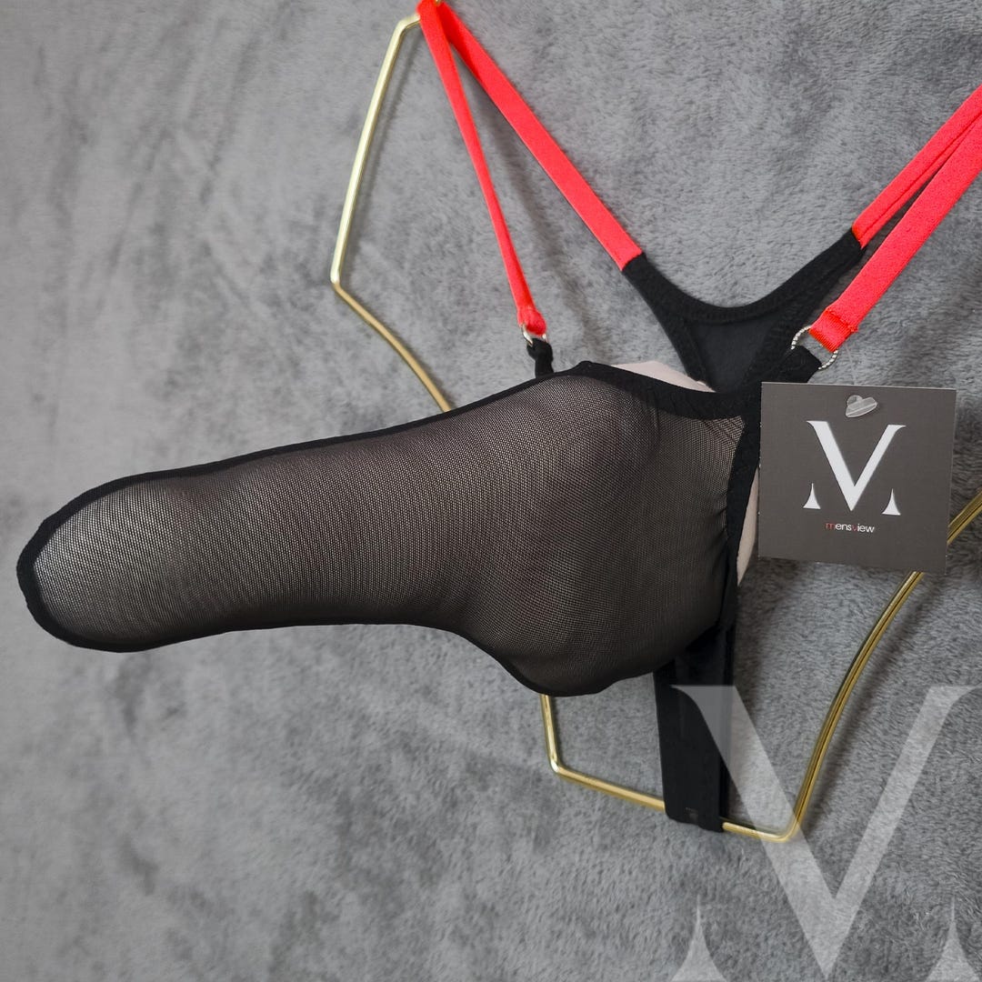 Hypnos Mesh Black Neon Coral MV-9OBEG Iron Shaft Rocket Sleeve See Thru Mens Tanga Thong ...