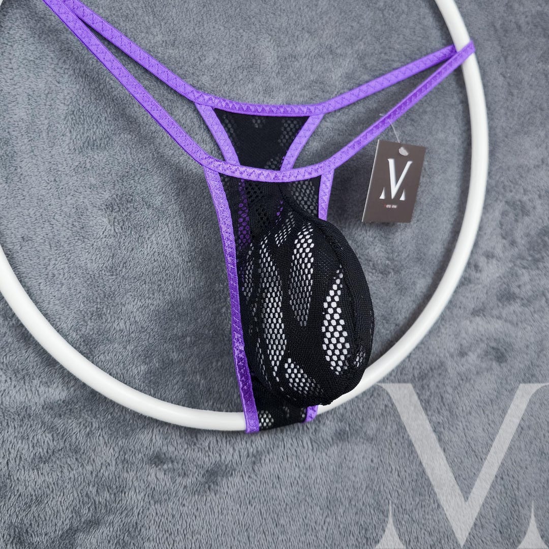 Ares Lace Flame Black Purple Narrow Sensual Mens String Thong Handmade ...