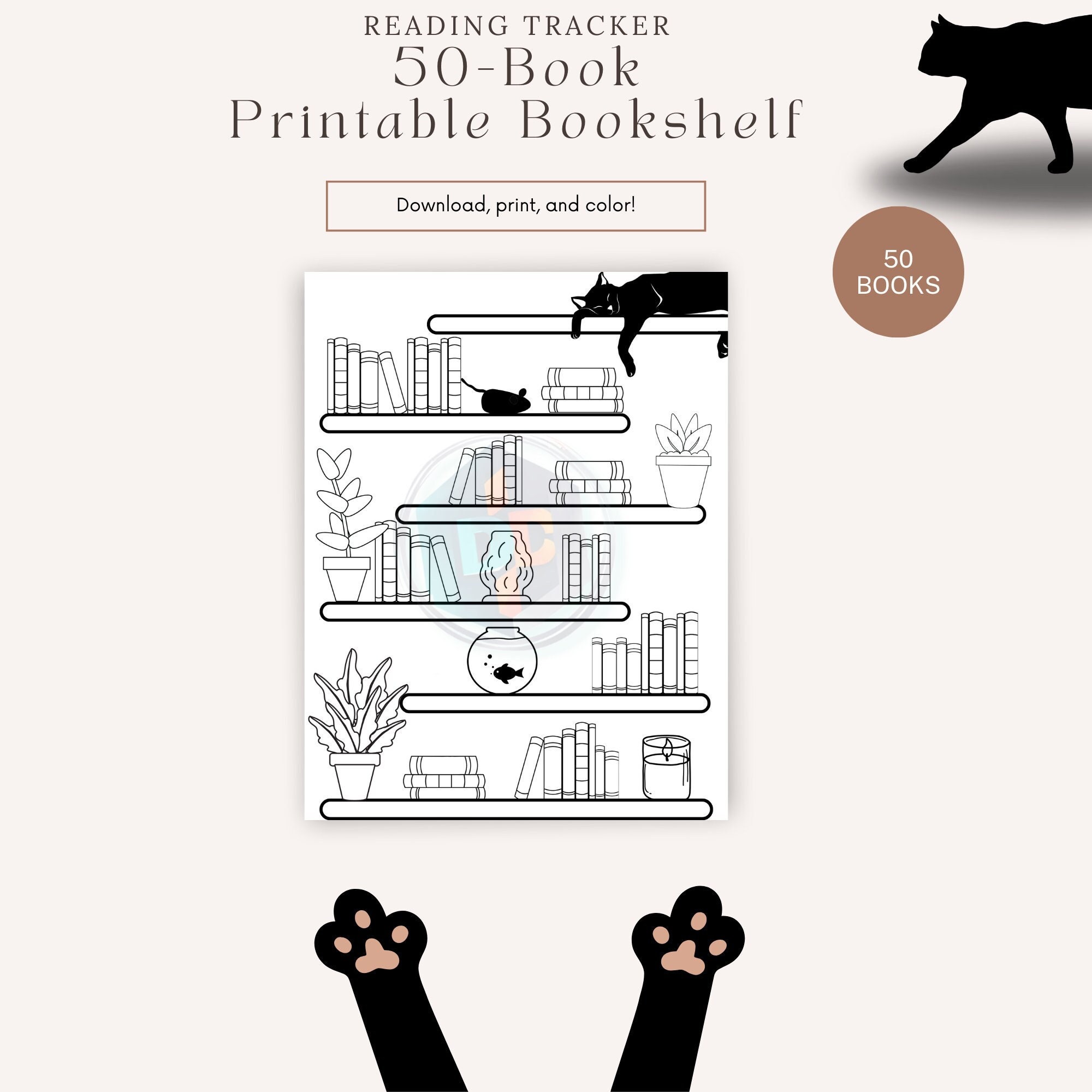 50-book Printable Bookshelf Reading Journal for Coloring With Sleeping ...