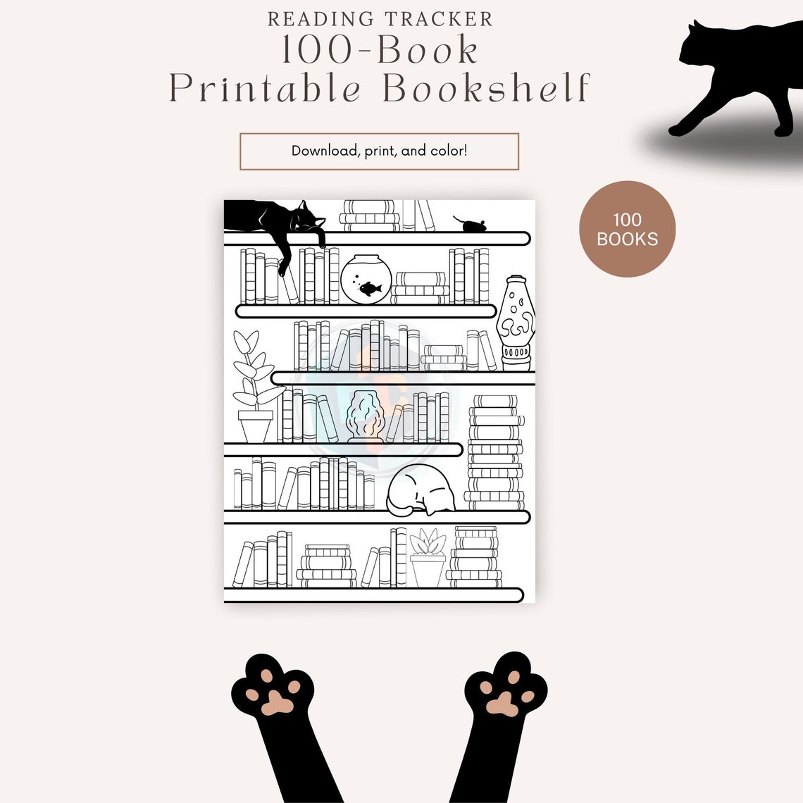 100-book Printable Bookshelf Reading Journal for Coloring With Sleeping ...