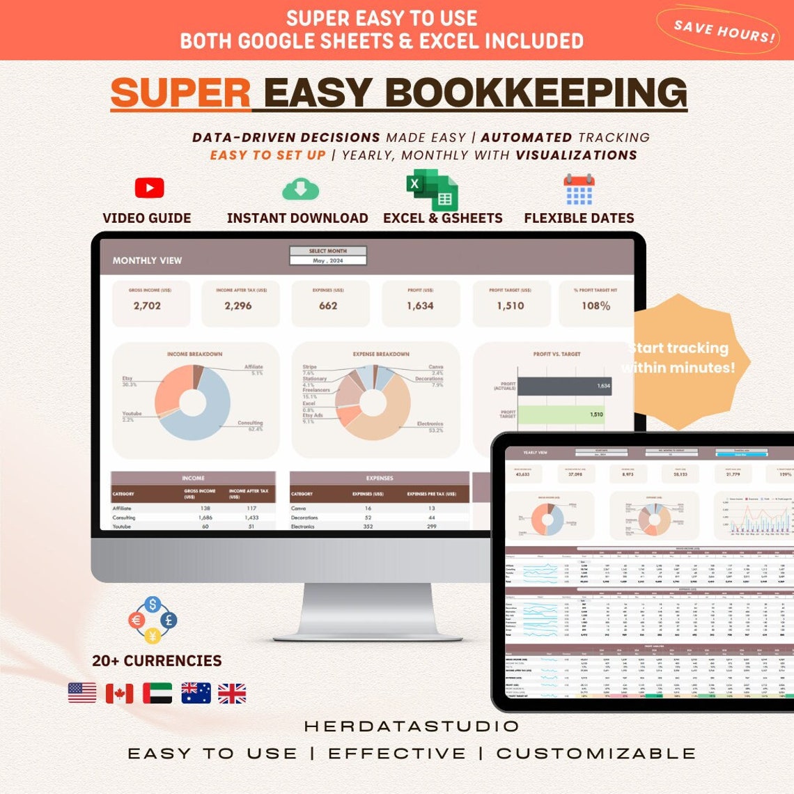 Easy Bookkeeping Template Excel & Google Sheets - Small Business Income ...
