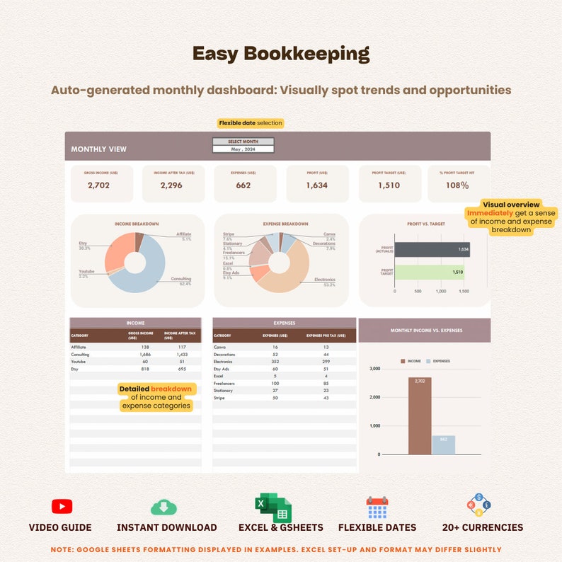 Easy Bookkeeping Template Excel & Google Sheets - Small Business Income ...