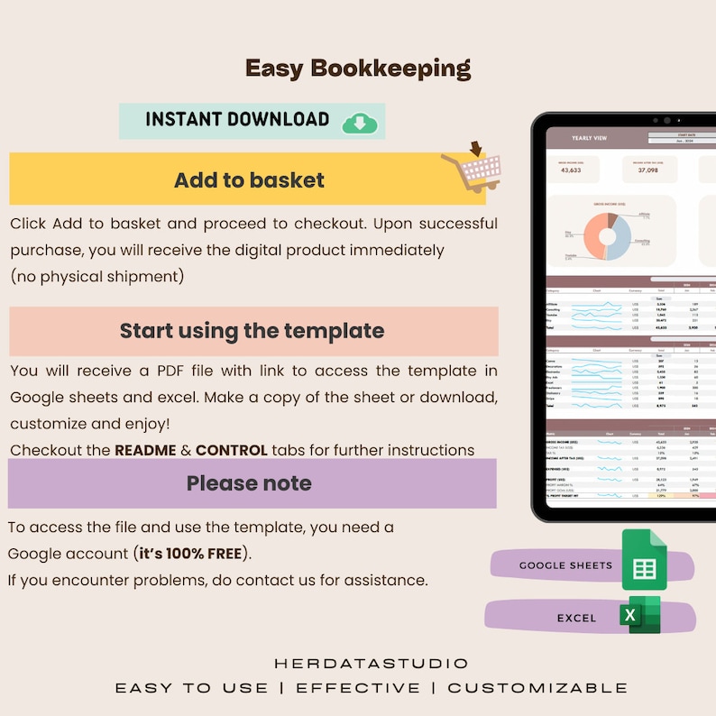 Easy Bookkeeping Template Excel & Google Sheets - Small Business Income, Expense, Profit ...
